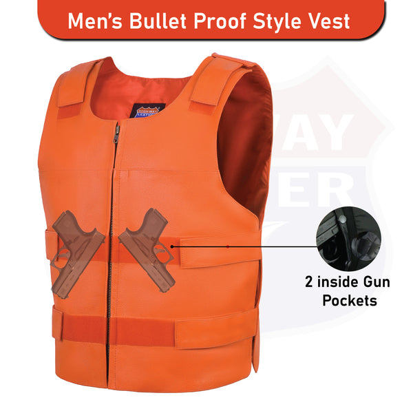 HL11643ORANGE Men's Orange Bulletproof Leather Vest – Perfect for Biker ...