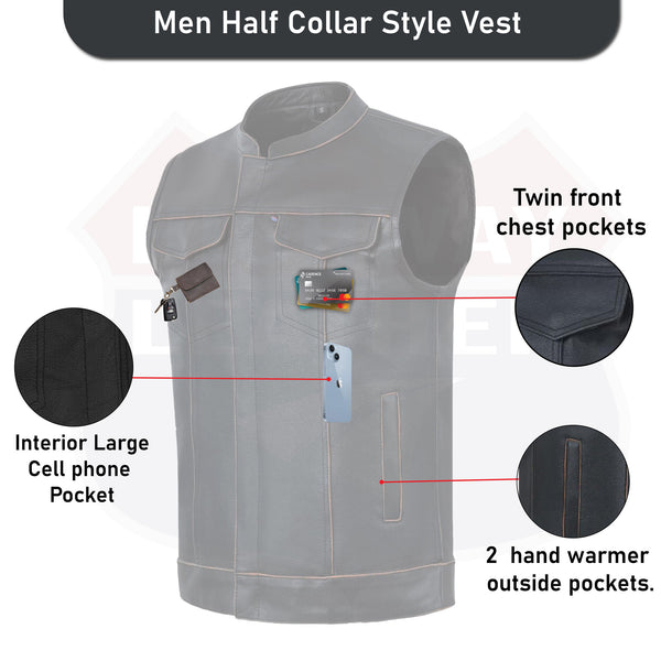 HL11689RB-BROWN RUB BUFF BROWN Club Leather Motorcycle Vest Men ...