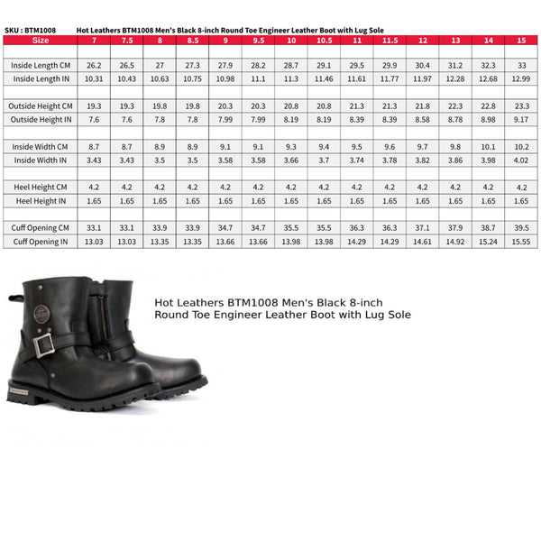 Hot Leathers BTM1008 Men's Black 8-inch Round Toe Engineer Leather Boot ...