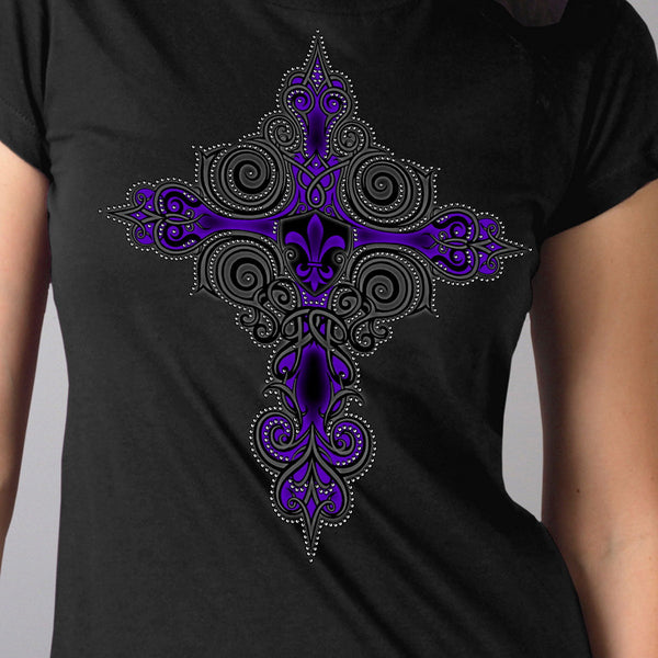 Hot Leathers GLR1469 'Studded Fleur De Lis Cross' Ladies Black T-Shirt ...