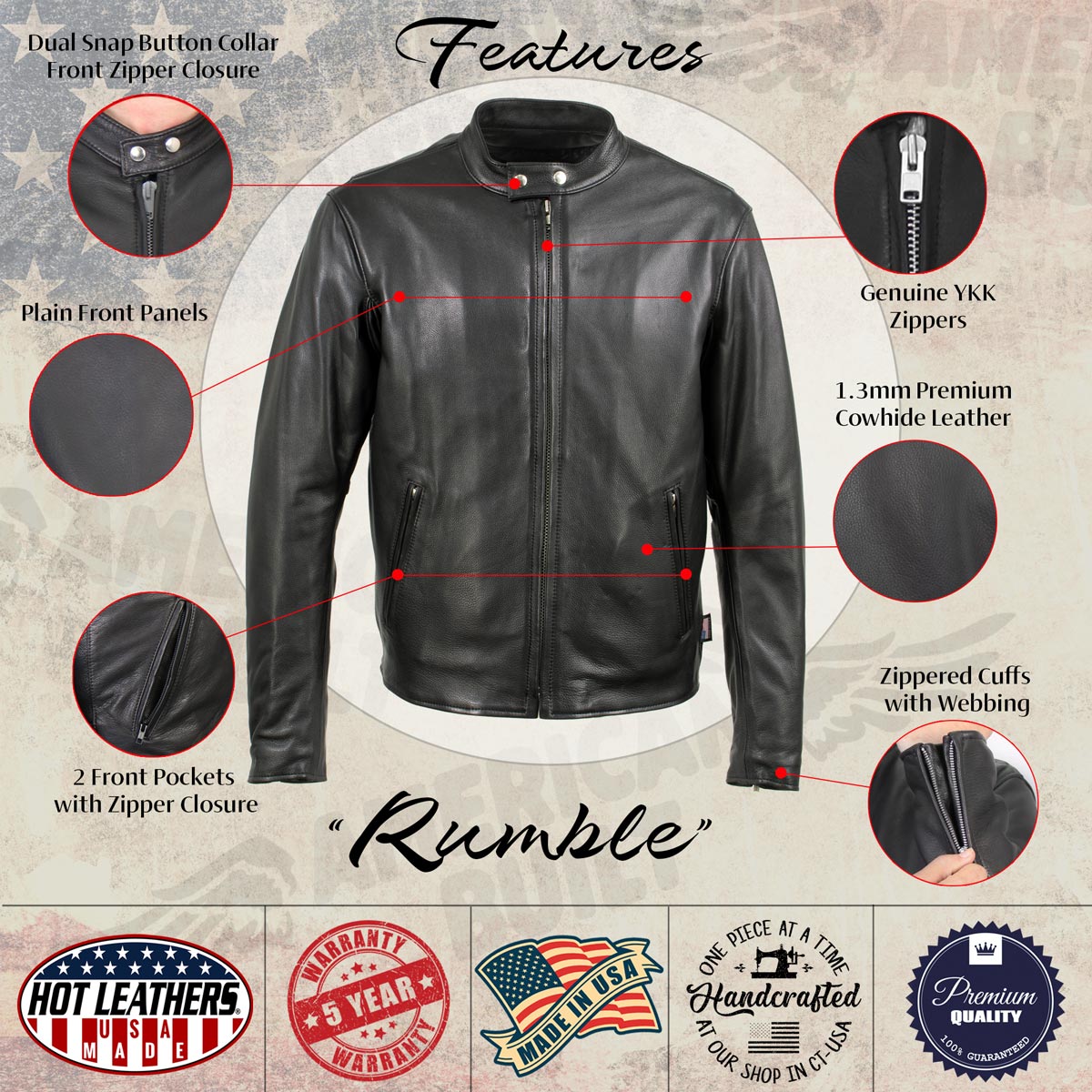 Hot Leathers JKM5006 USA Made Men's 'Rumble' Black Premium Leather ...
