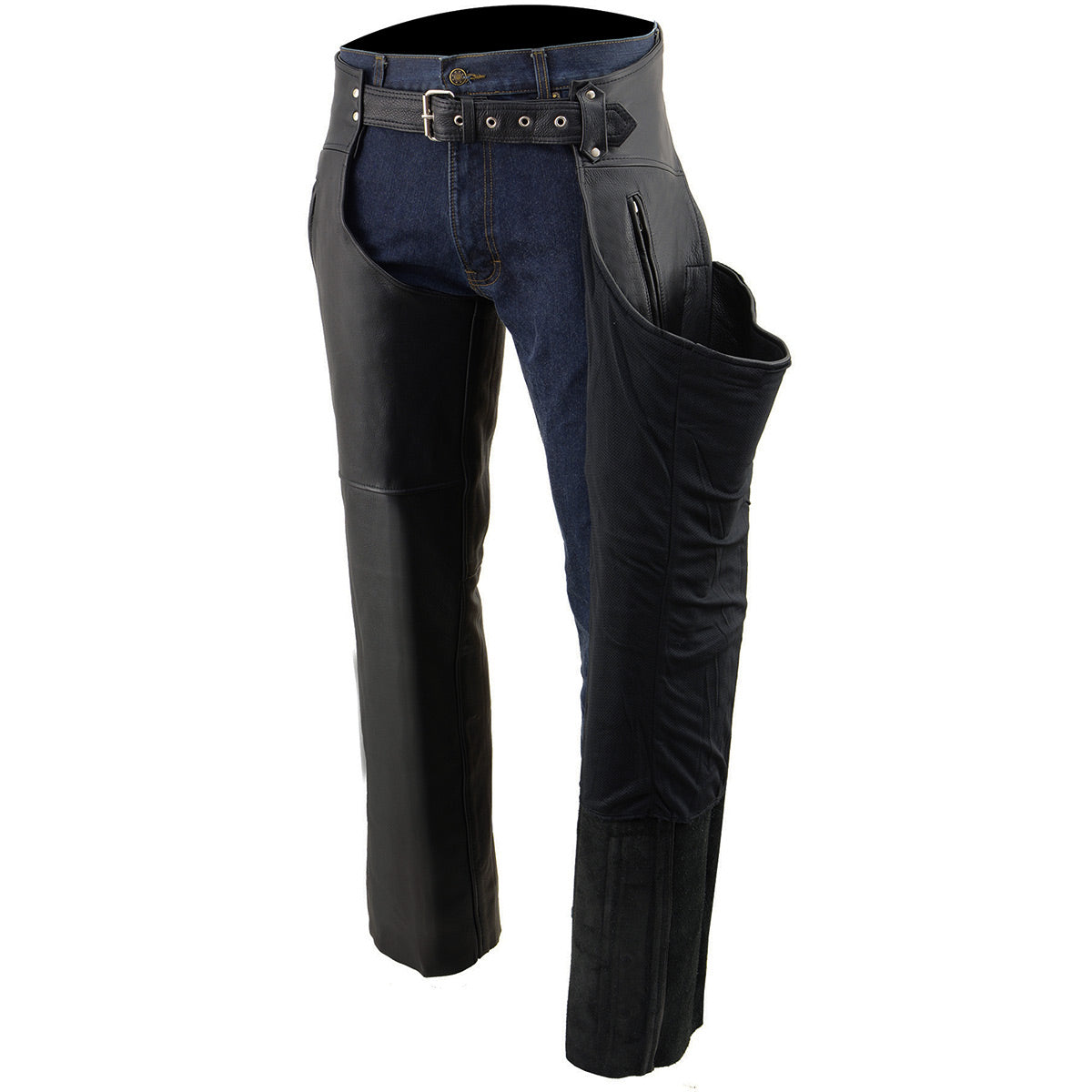 ML1190N Chaps for Men's Black Naked Leather - Thigh Pocket with Zipper ...