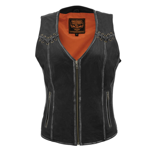 Grey MLL4526 Women's Distress Grey Leather Motorcycle Rider Vest ...