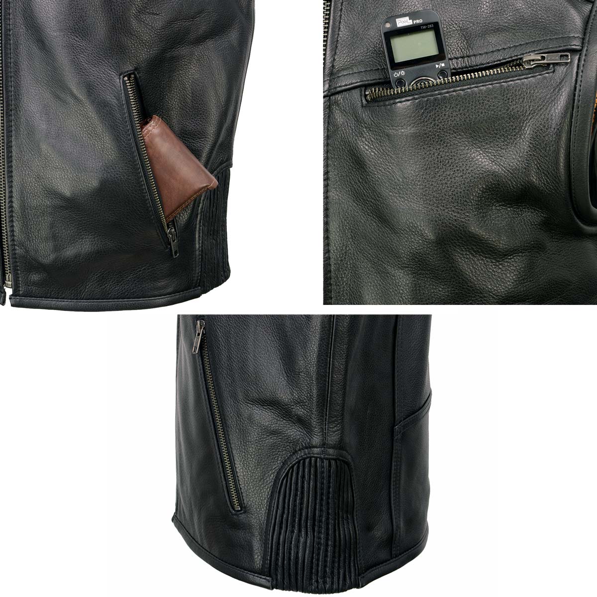 MLM3502 Men's Black Cool-Tec Leather Vest Front Zipper Motorcycle Ride ...
