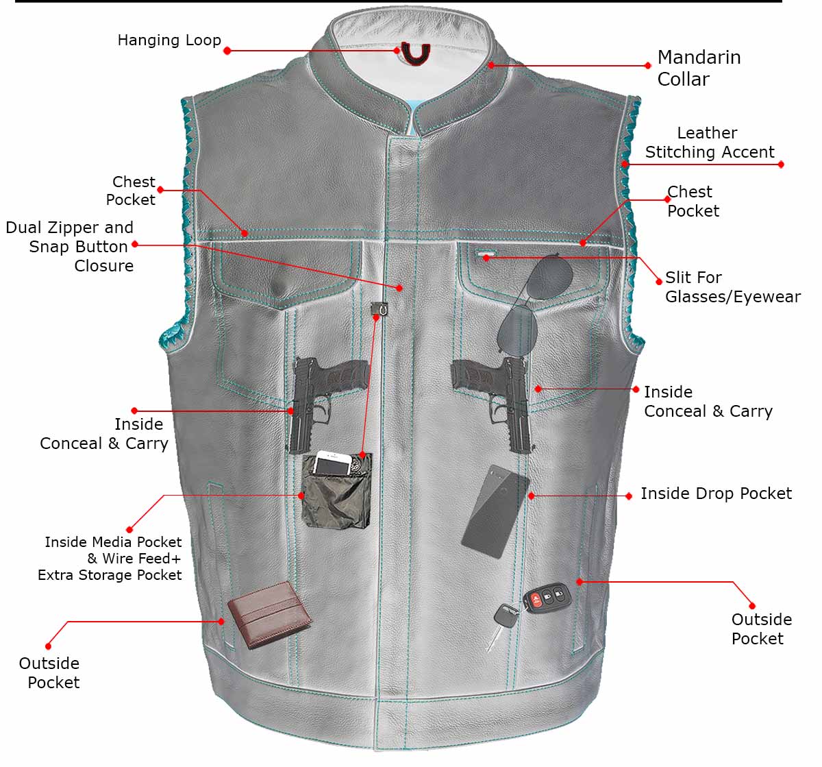 Red Stitching MLM3506 Men's Black Naked Leather Vest - Old Glory Laced ...