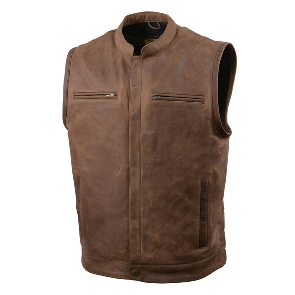 MLM3519 Men's “Gambler” Crazy Horse Brown Vintage Leather Vest - Club ...