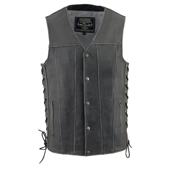 MLM3521 Men's Distress Grey Leather Vest - V-Neck Straight Bottom Side ...