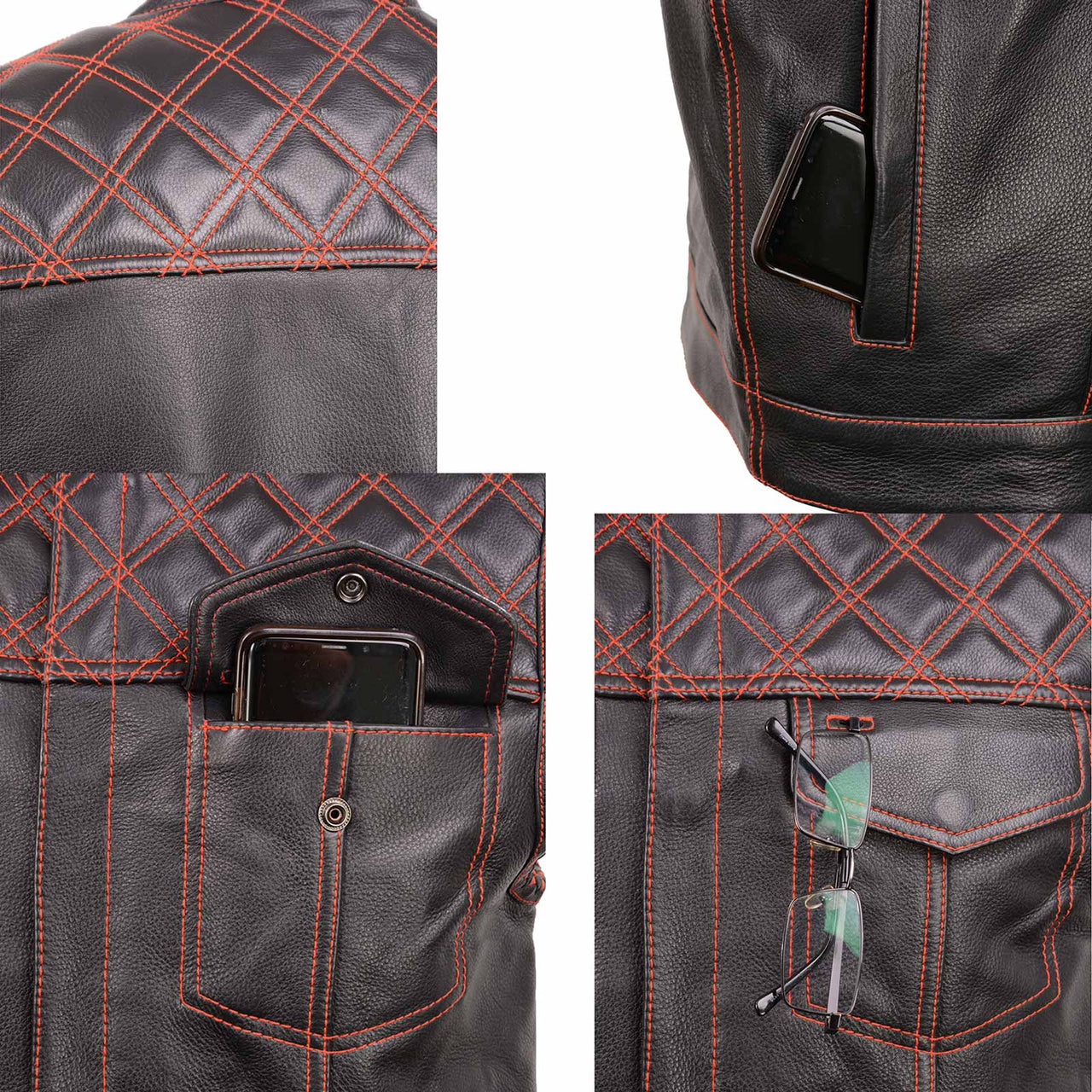 MLM3526 Men's Black 'Paisley' Accented Red Stitching Leather Vest – w ...