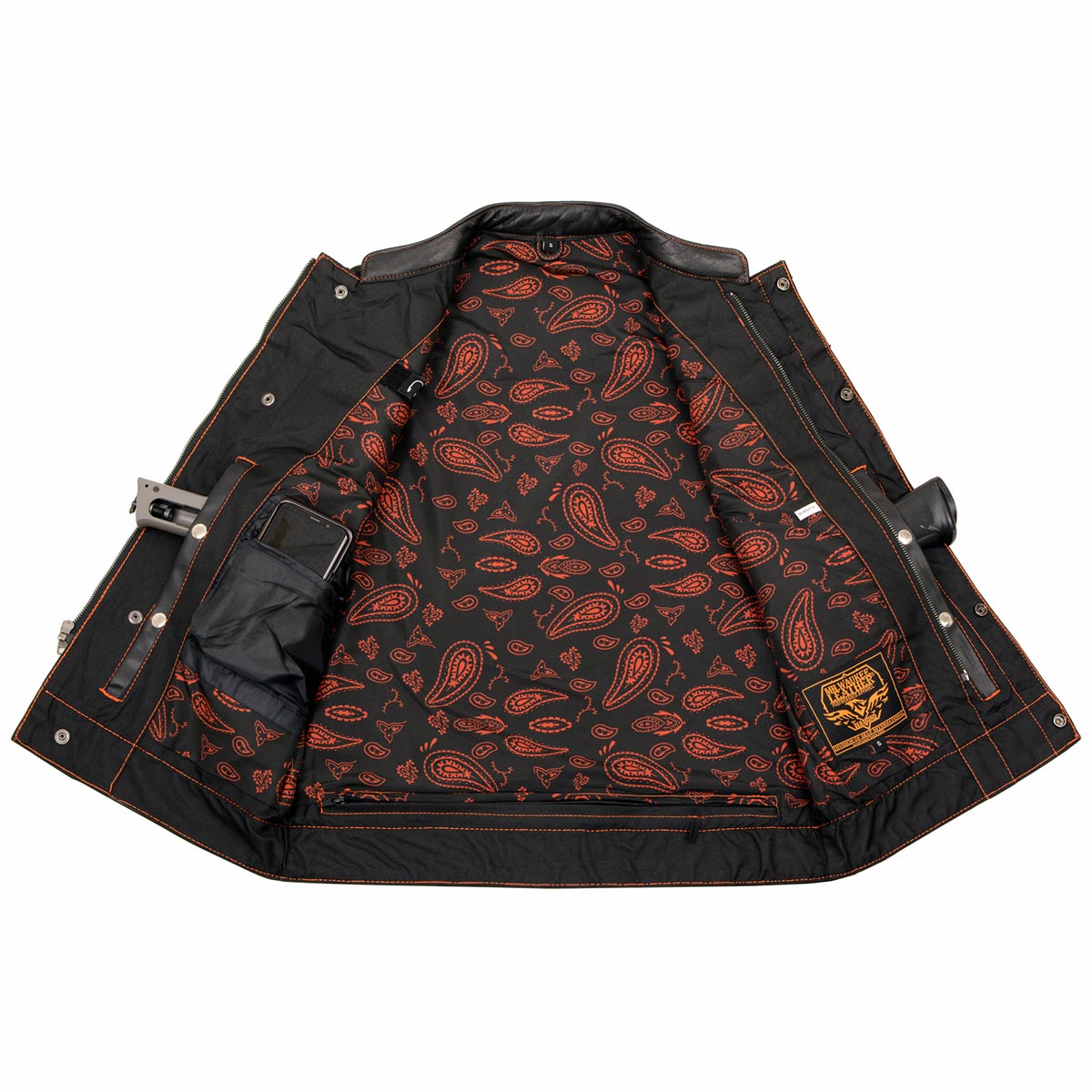 MLM3527 Men's Black 'Paisley' Accented w/ Orange Stitching Leather Vest ...