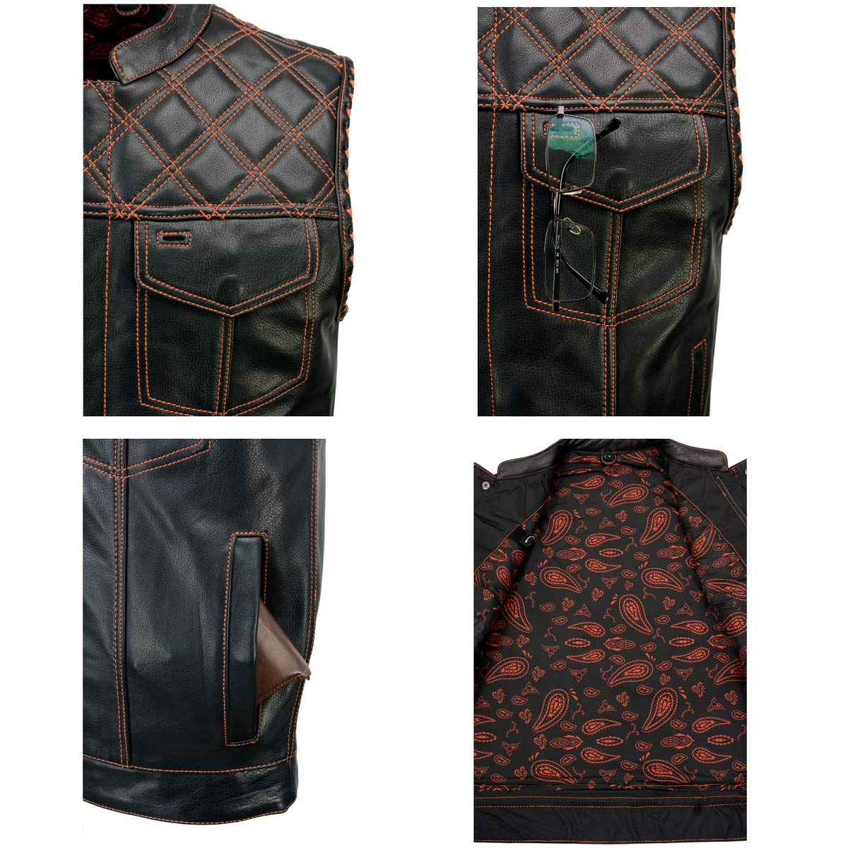 MLM3527 Men's Black 'Paisley' Accented w/ Orange Stitching Leather Vest ...
