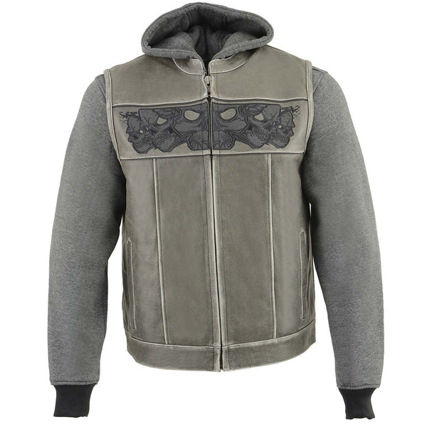 GREY SKULL MLM3562 Men's Leather Vest w/ Removeable Hoodie - Distress ...