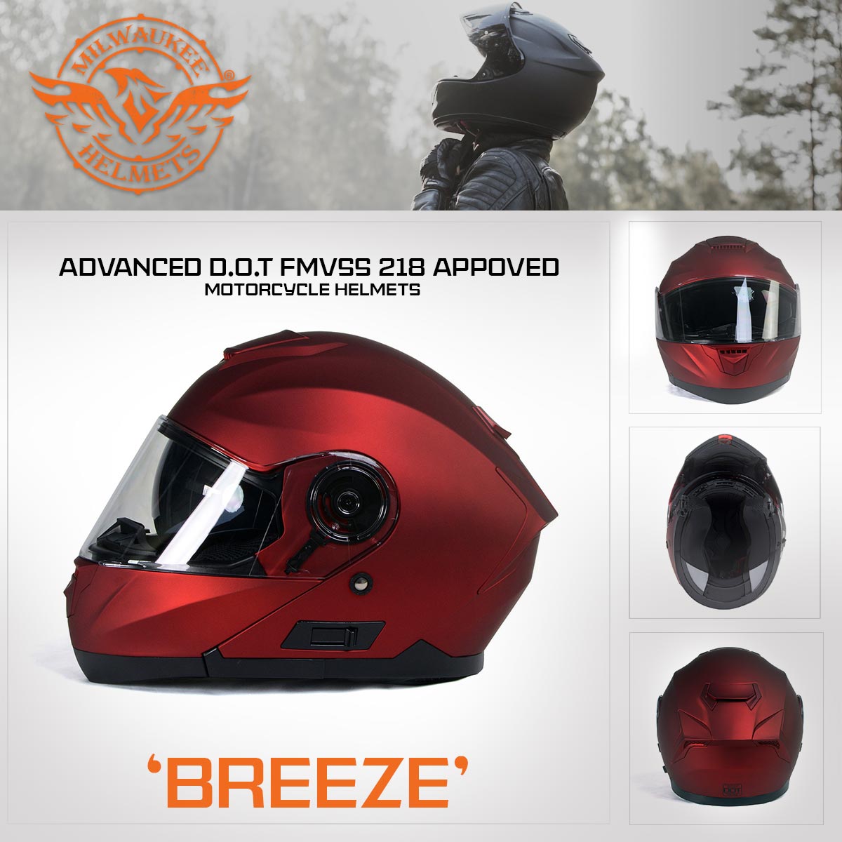 Milwaukee Helmets MPH9817DOT 'Breeze' Red Advanced Motorcycle Modular ...