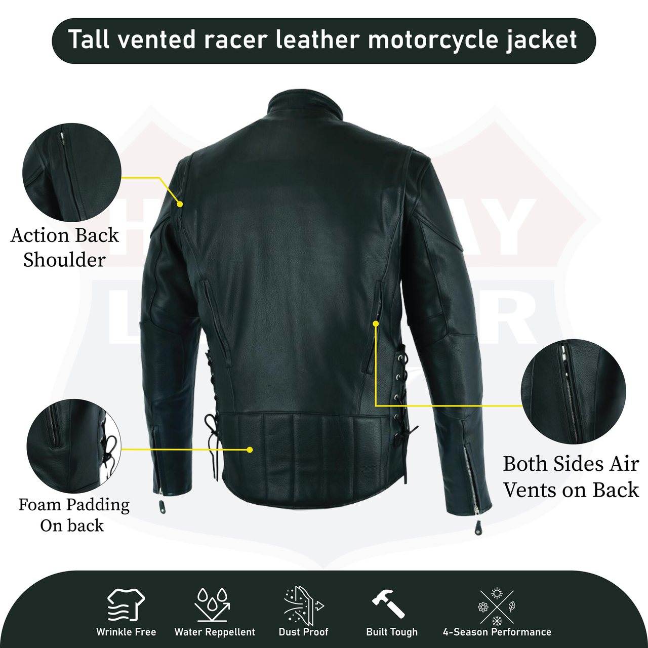 HL10206Tall TALL black vented racer leather motorcycle jacket- (longer ...