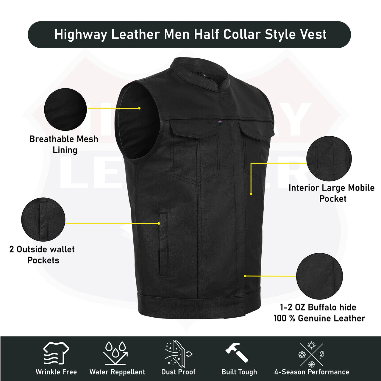 BLACK HL11689SPT Black SOA Men's Leather Vest Anarchy Motorcycle Biker ...