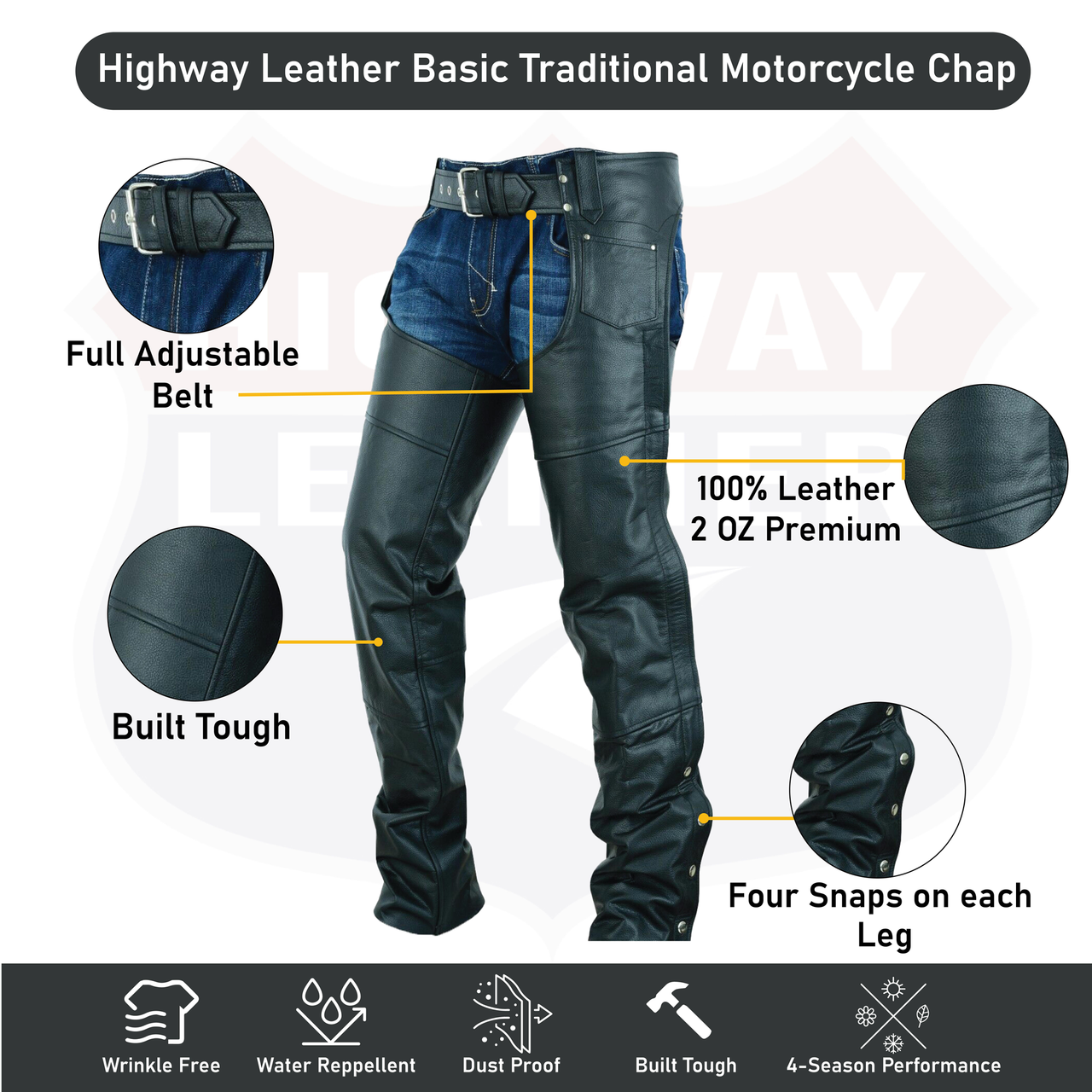 HL12800SPT Basic Classic BLACK Style Leather Motorcycle Chap for ...