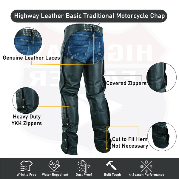 HL12800SPT Basic Classic BLACK Style Leather Motorcycle Chap for ...