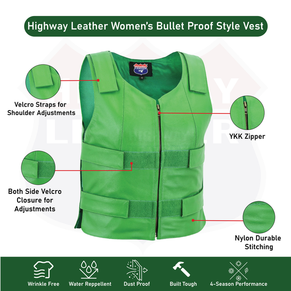 HL14945Green WOMEN Bulletproof Style Leather vest designs for Bikers C ...